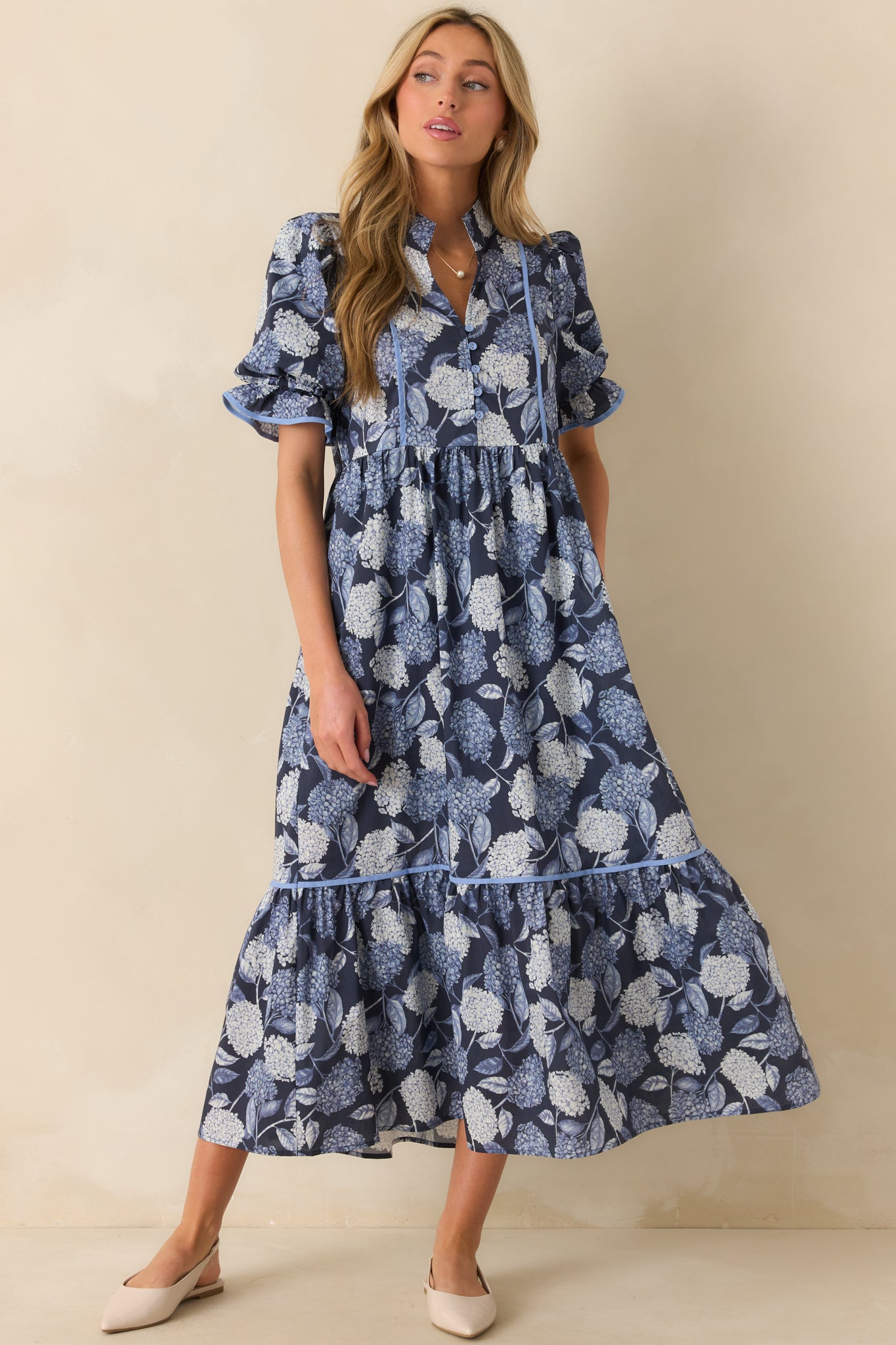 Blue Hydrangea Floral Print Maxi Dress - All Clothing | Red Dress