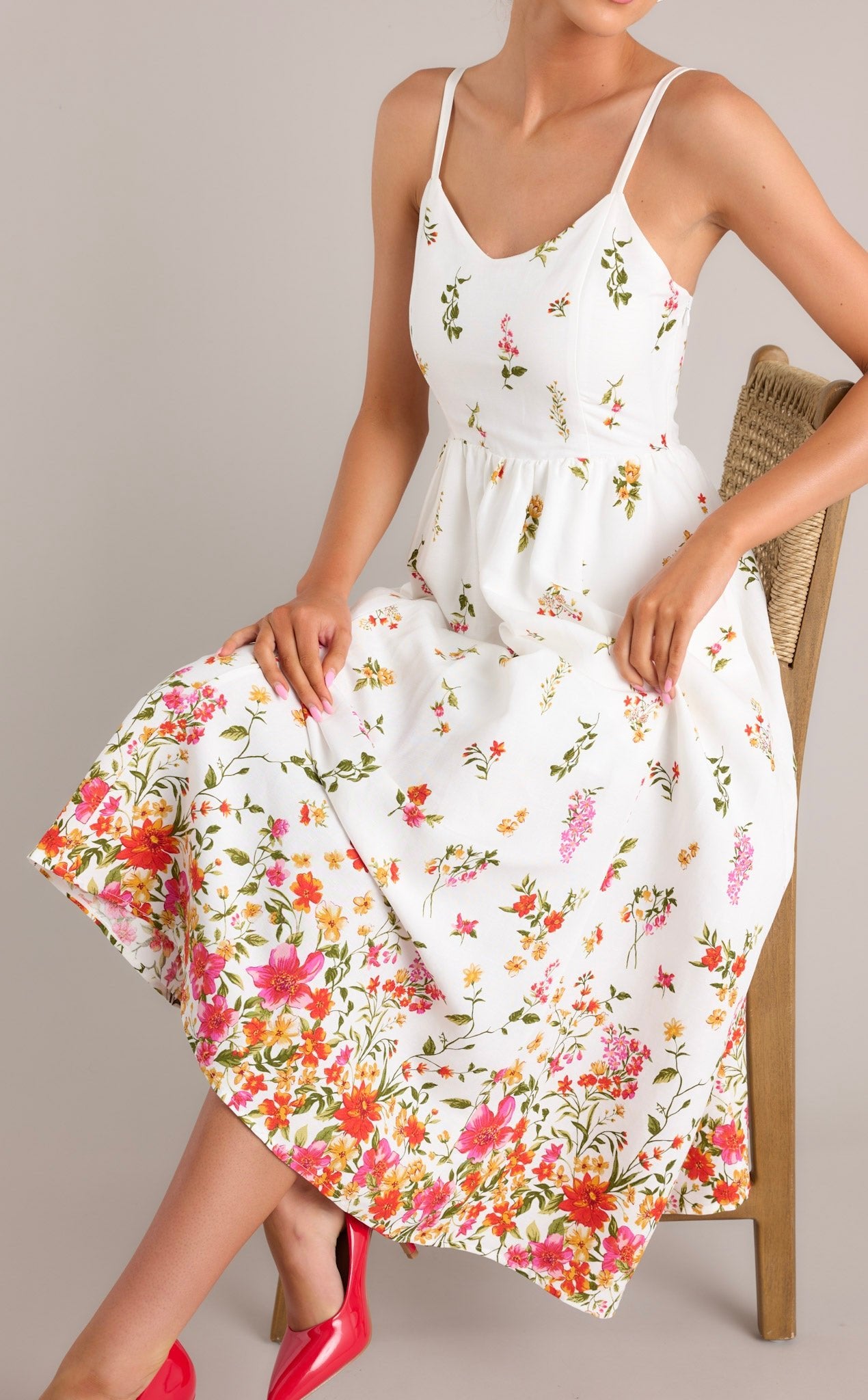 Ivory & Red Floral Midi Dress - All Dresses | Red Dress