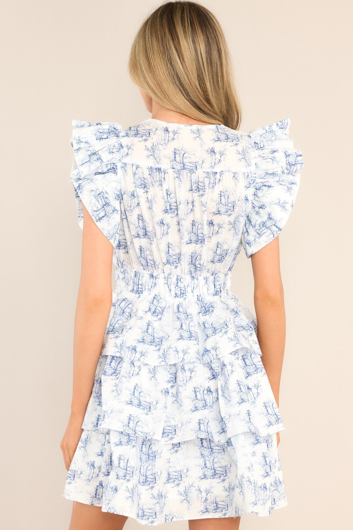 Blue Toile Flutter Sleeve Mini Dress - All Dresses | Red Dress