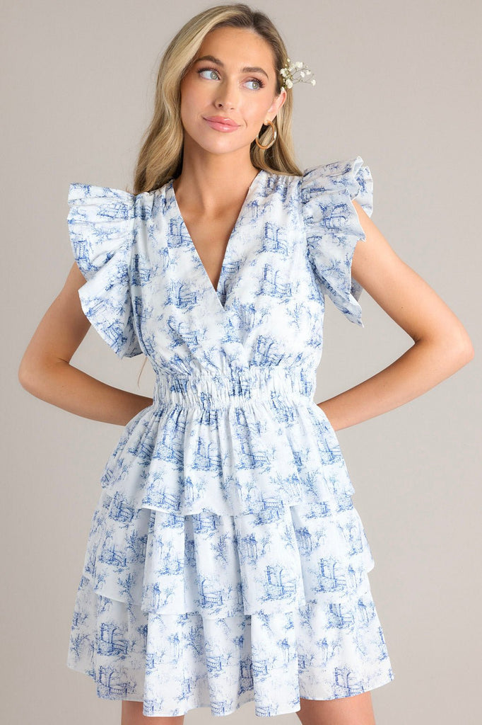 Blue Toile Flutter Sleeve Mini Dress - All Dresses | Red Dress