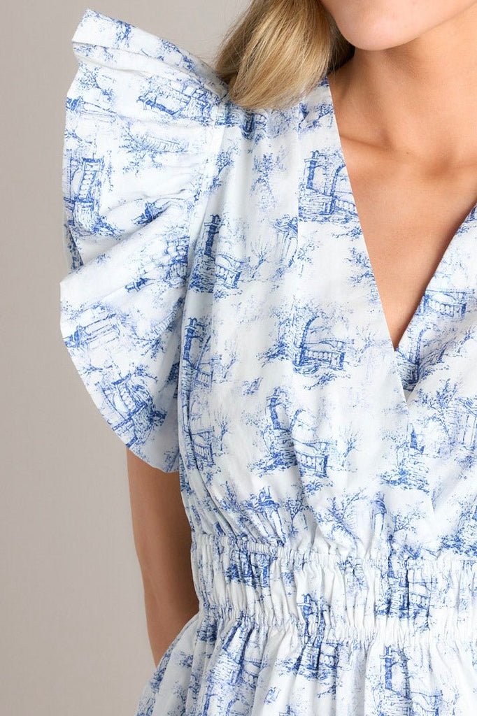 Blue Toile Flutter Sleeve Mini Dress - All Dresses | Red Dress