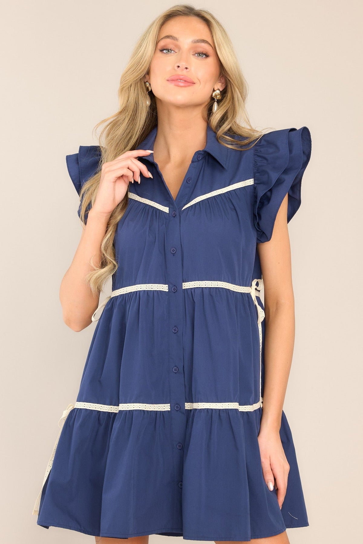 Navy Tiered Button Front Mini Dress - All Dresses | Red Dress