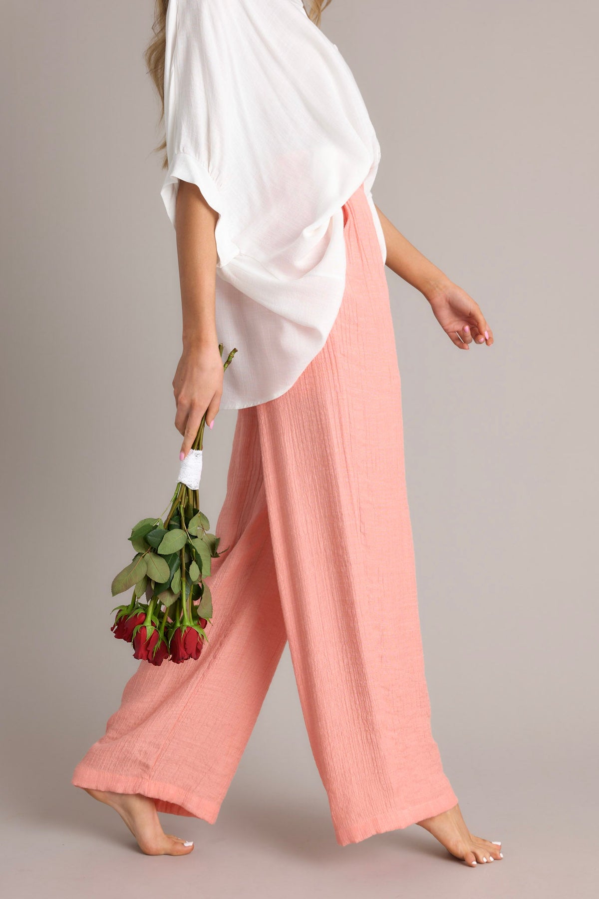 Long Sleeve Peach Knit Top - Casual Tops | Red Dress