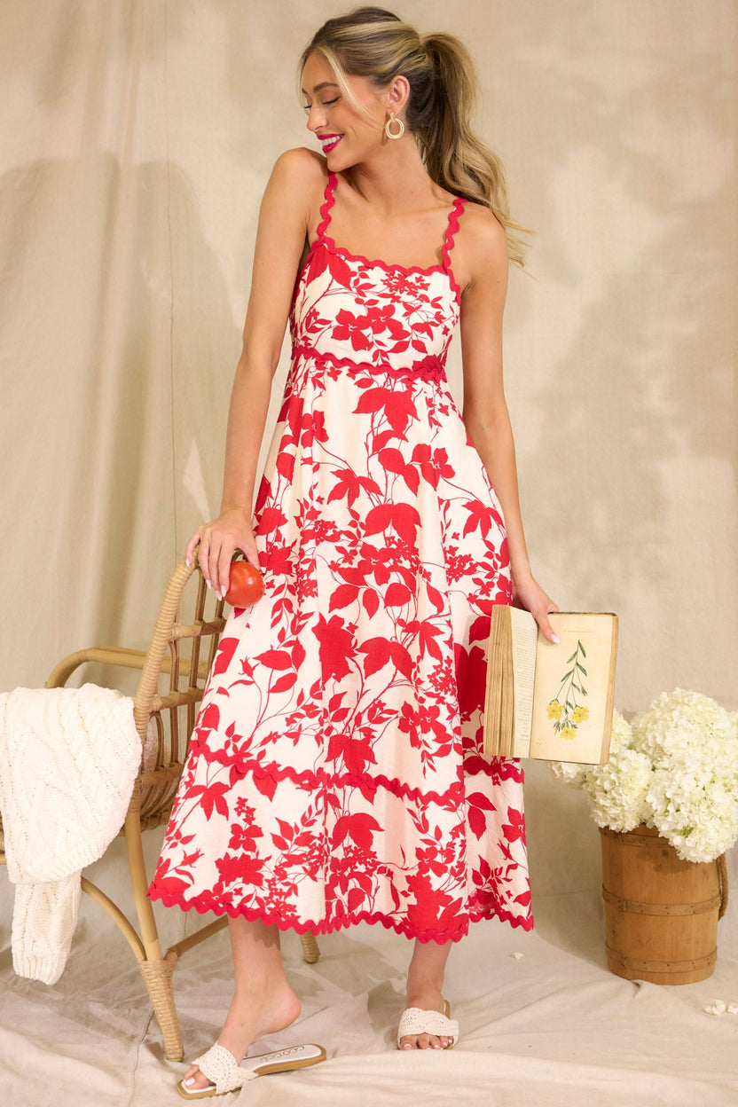 Red Floral Ricrac Midi Dress - All Dresses | Red Dress