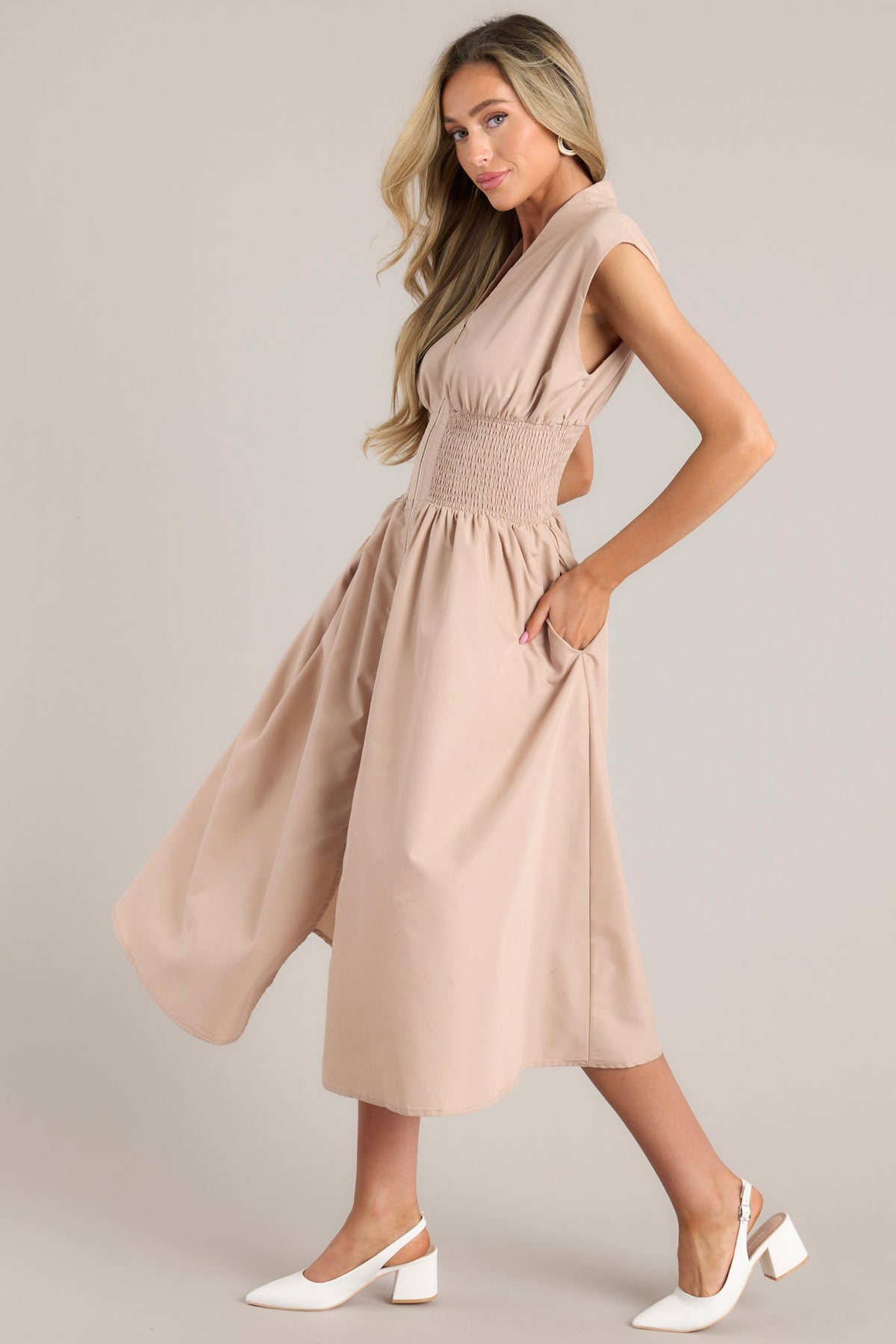 The Evette Tan Smocked Midi Dress - All Dresses | Red Dress