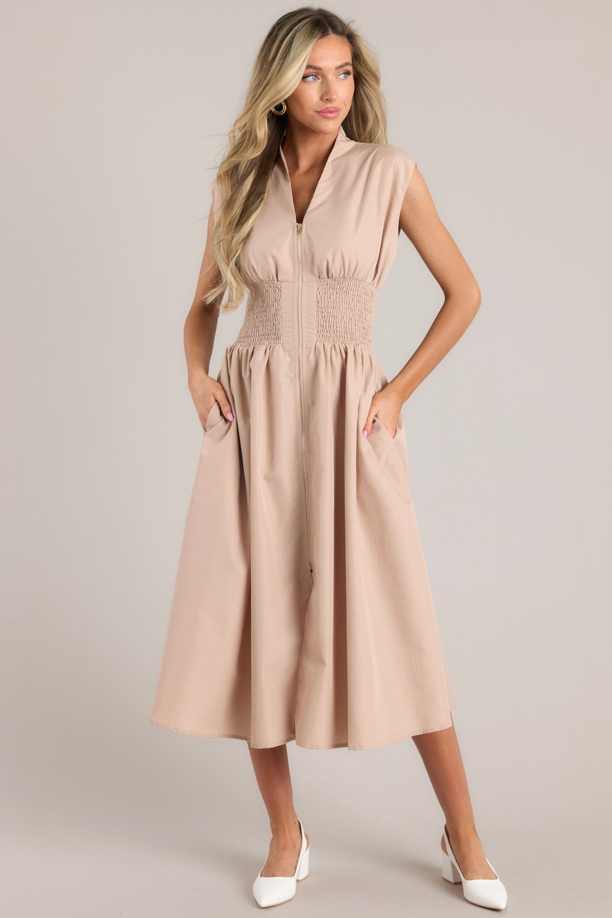 The Evette Tan Smocked Midi Dress - All Dresses | Red Dress