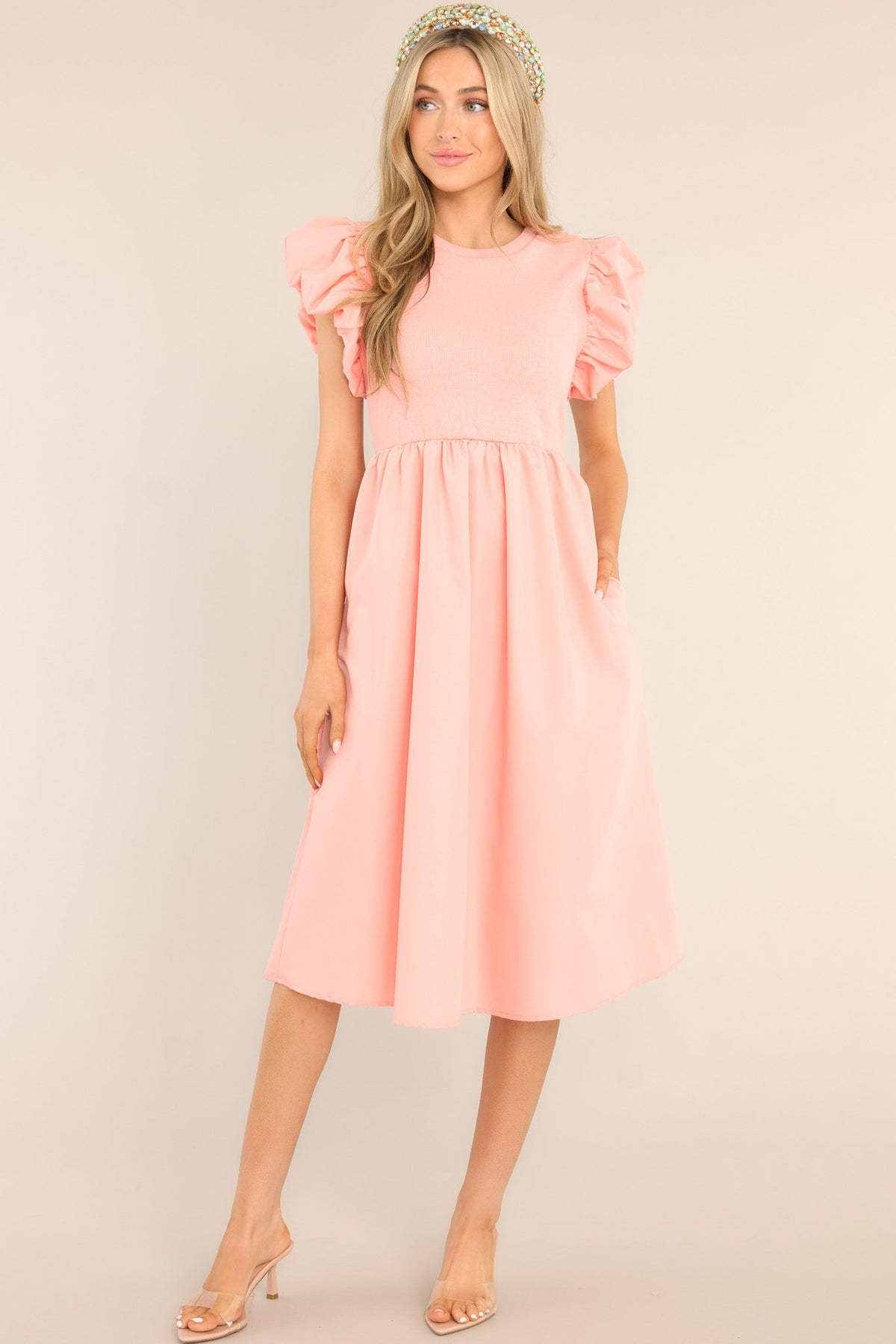 Salmon Pink Puff Sleeve Midi Dress - Shop By Color | Red Dress