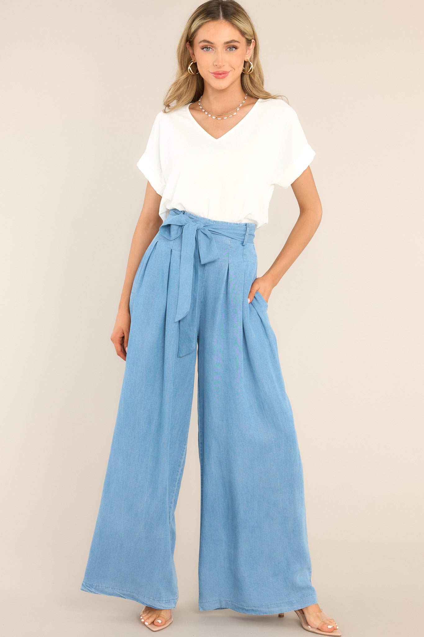 Chambray Wide Leg Pants - All Bottoms | Red Dress