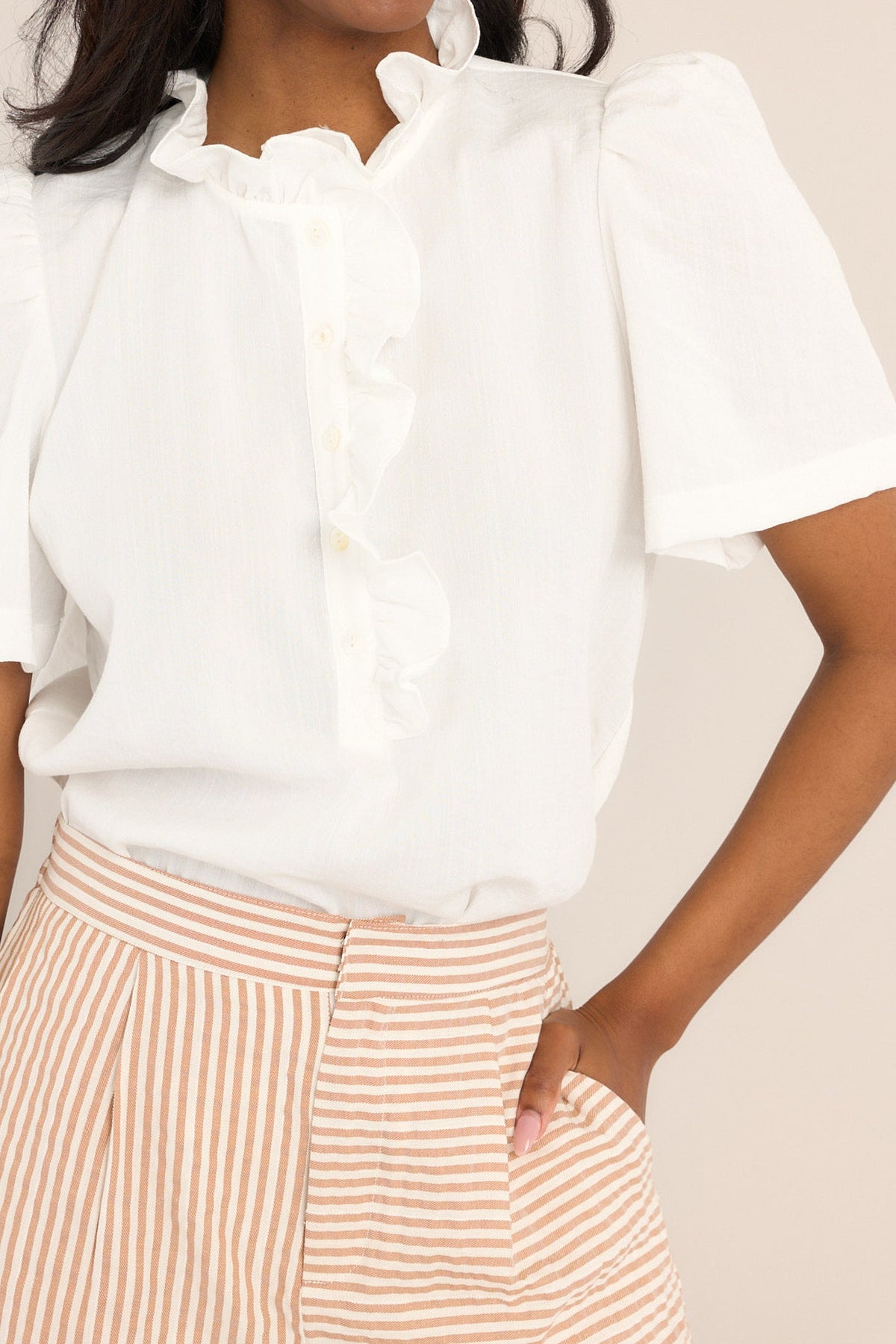 White High Ruffle Neckline Short Sleeve Blouse - All Tops | Red Dress