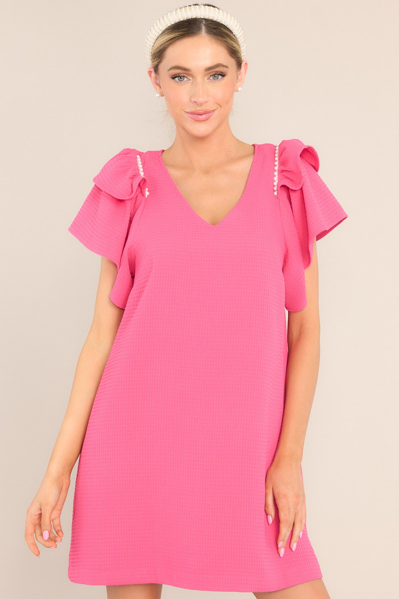 Hot Pink Mini Dress With Pearl Detailing - All Dresses | Red Dress