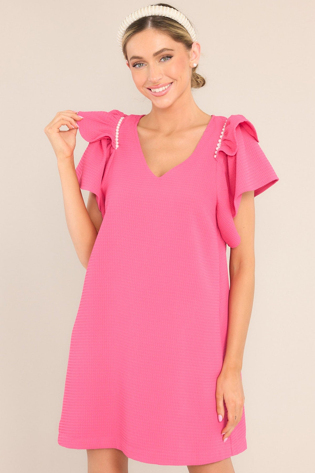 Hot Pink Mini Dress With Pearl Detailing - All Dresses | Red Dress