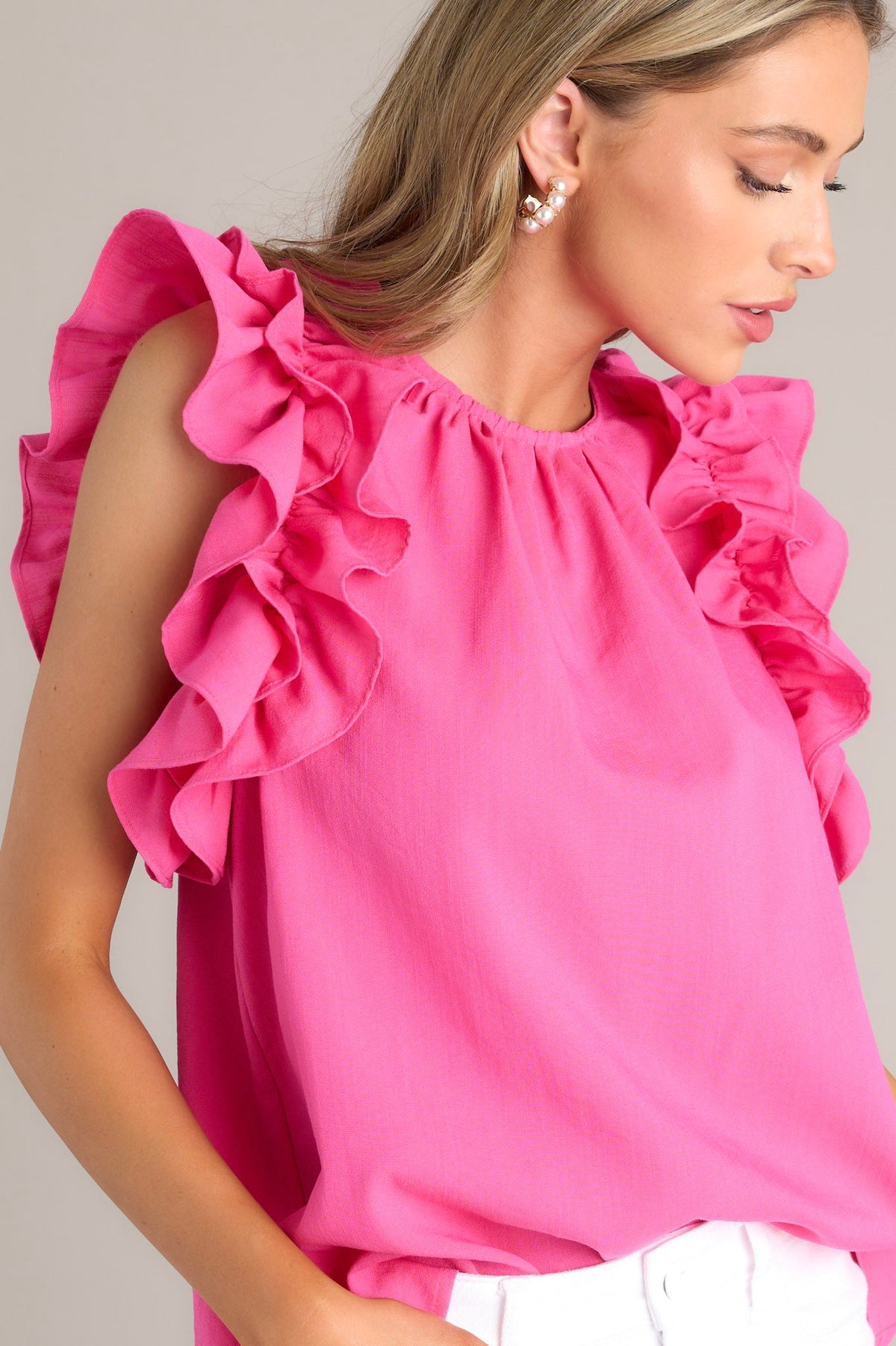 Ruffled Sleeve Hot Pink Top - All Tops | Red Dress