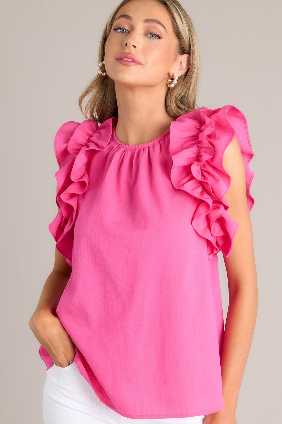 Ruffled Sleeve Hot Pink Top - All Tops | Red Dress