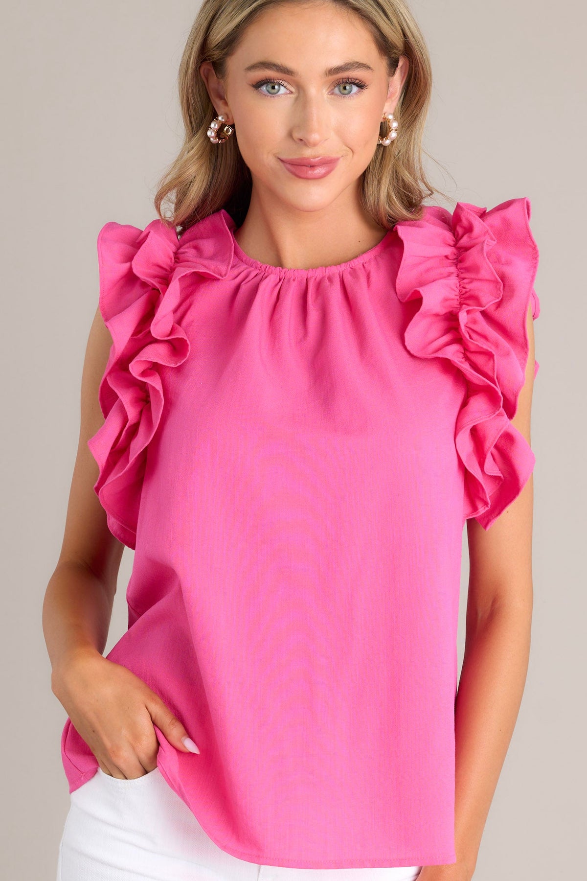 Ruffled Sleeve Hot Pink Top - All Tops | Red Dress