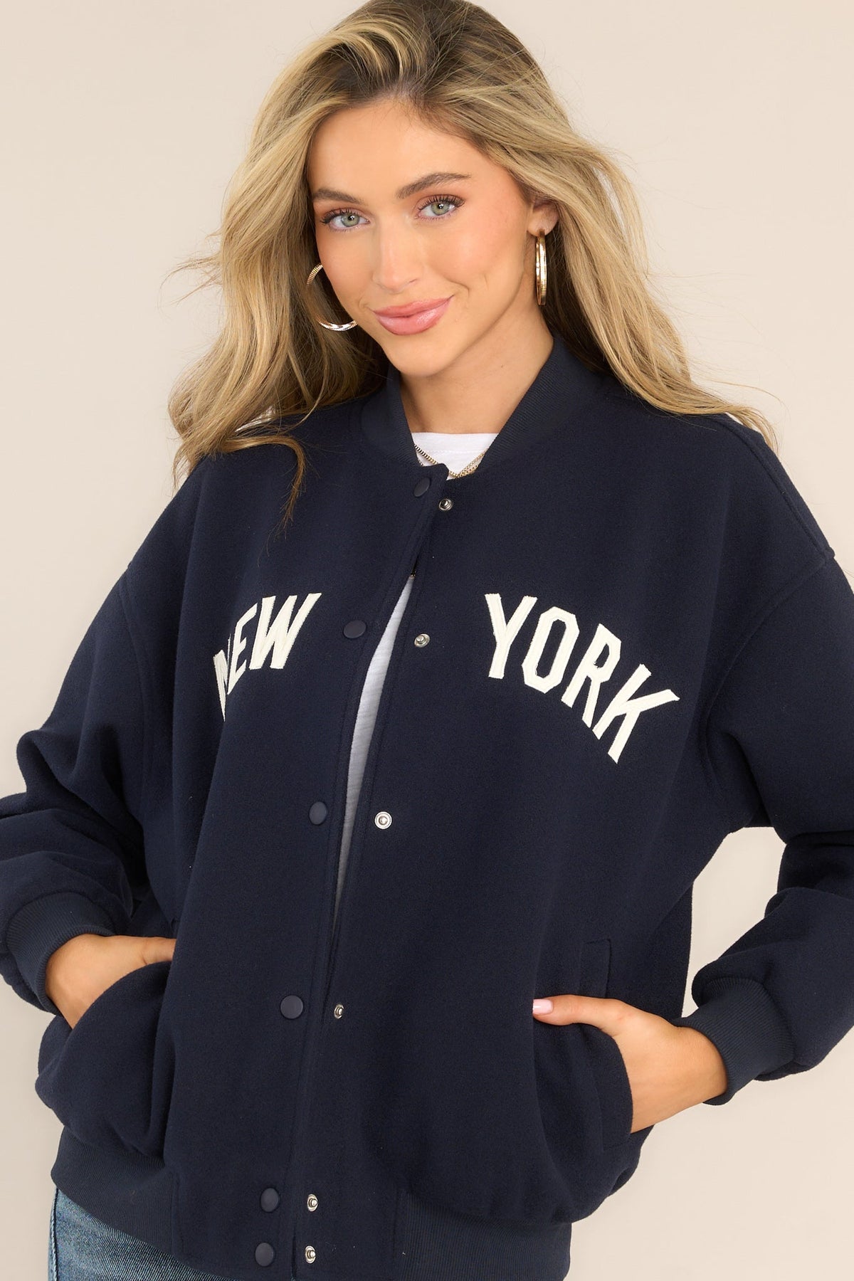 Navy Blue New York Varsity Jacket - All Outerwear | Red Dress