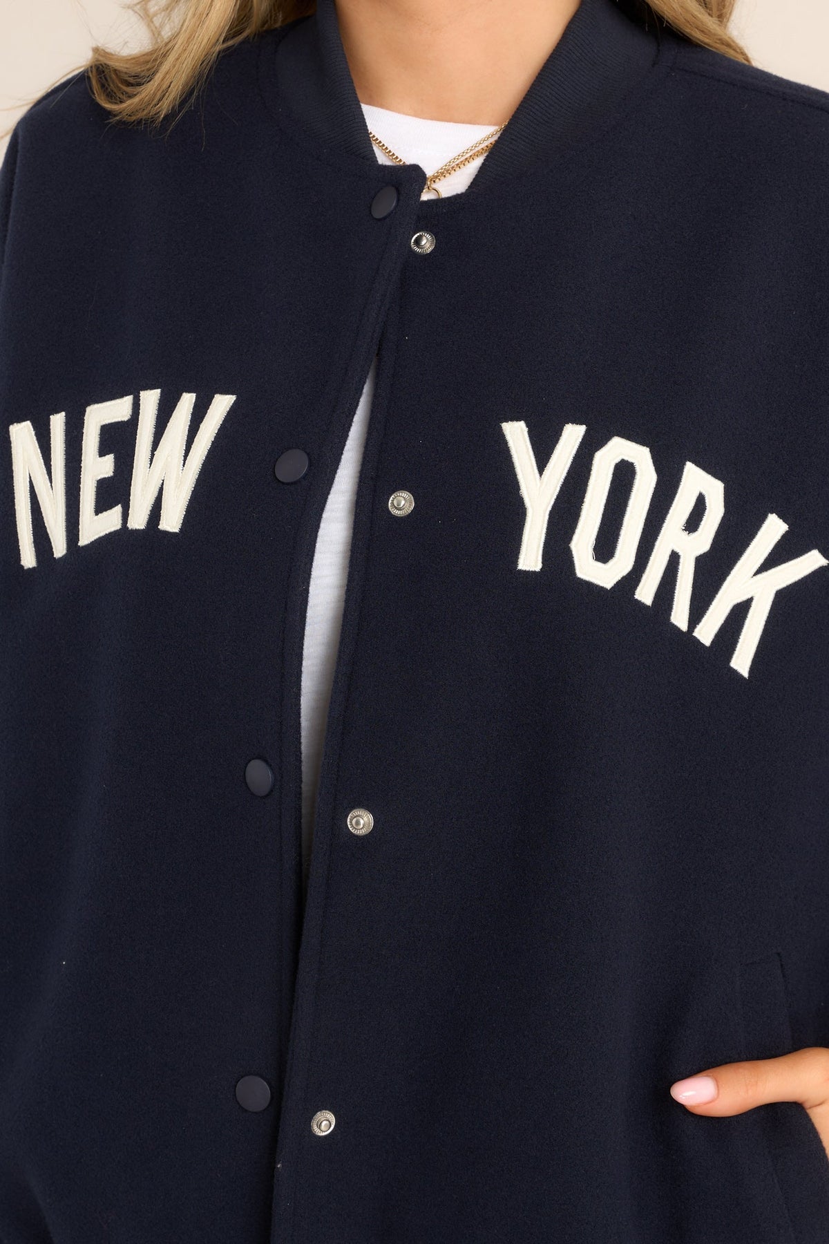 Navy Blue New York Varsity Jacket - All Outerwear | Red Dress