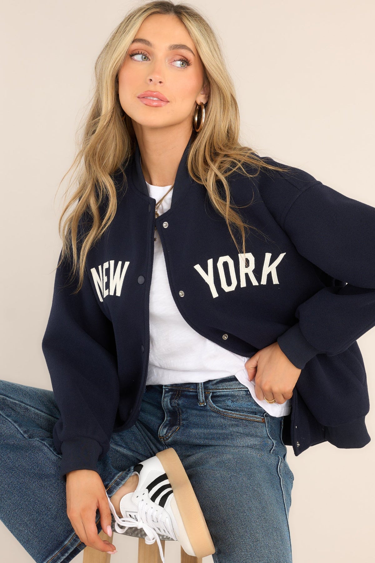 Navy Blue New York Varsity Jacket - All Outerwear | Red Dress
