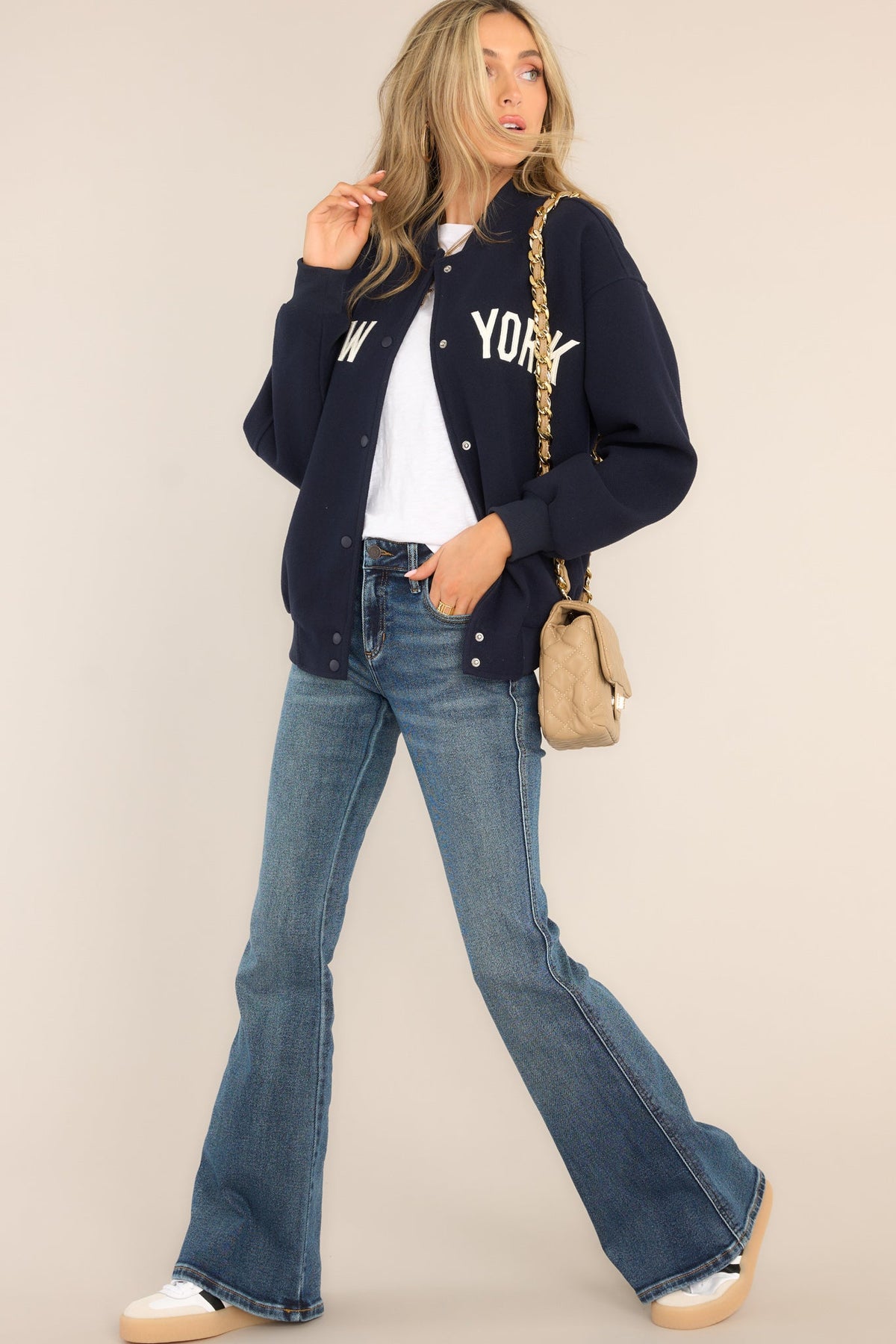Navy Blue New York Varsity Jacket - All Outerwear | Red Dress
