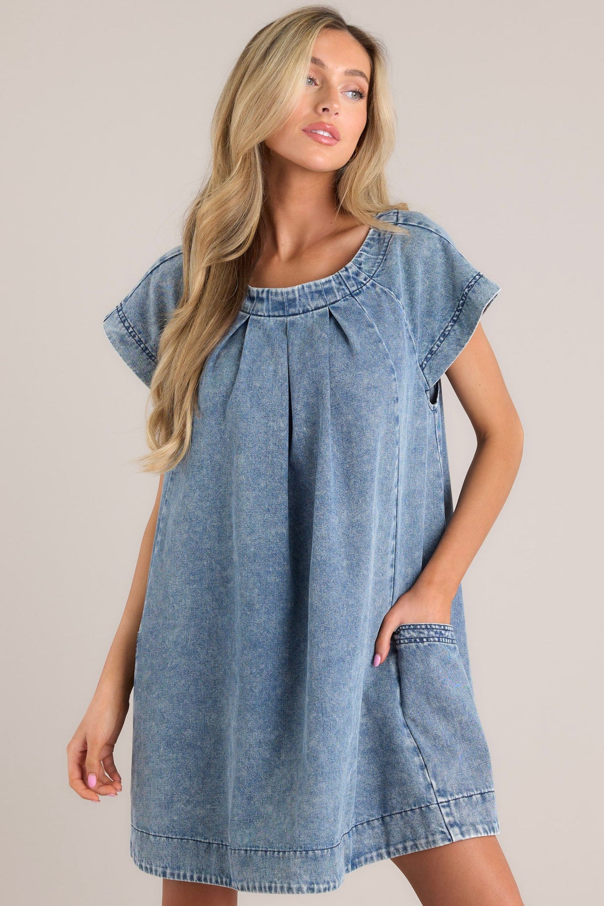 Short Sleeve Denim Mini Dress - All Dresses | Red Dress