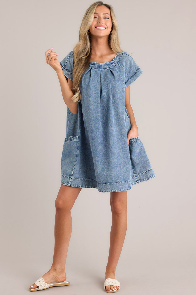 Short Sleeve Denim Mini Dress - All Dresses | Red Dress