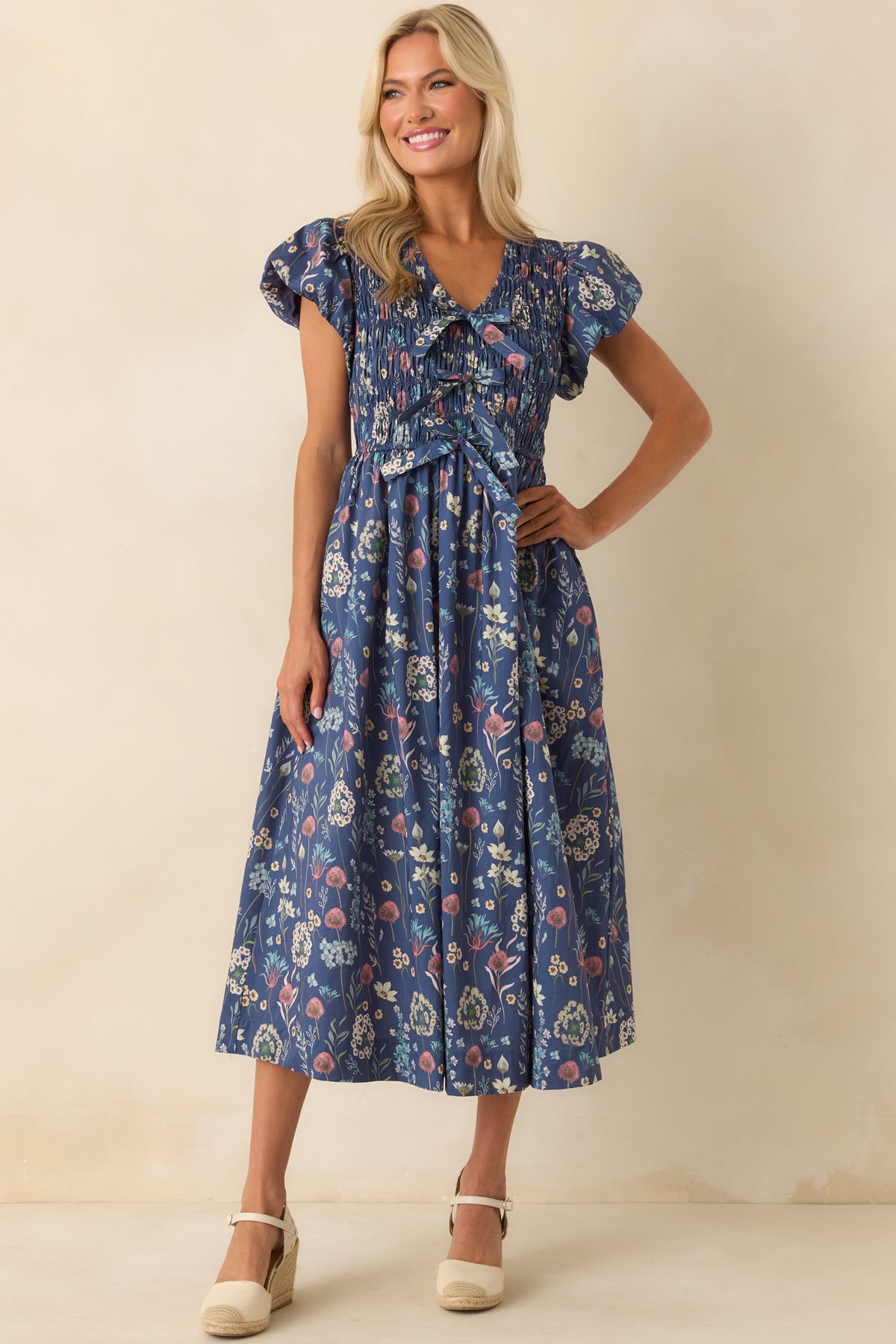 Dusty Blue Floral Print Midi Dress - The Cotton Shop | Red Dress