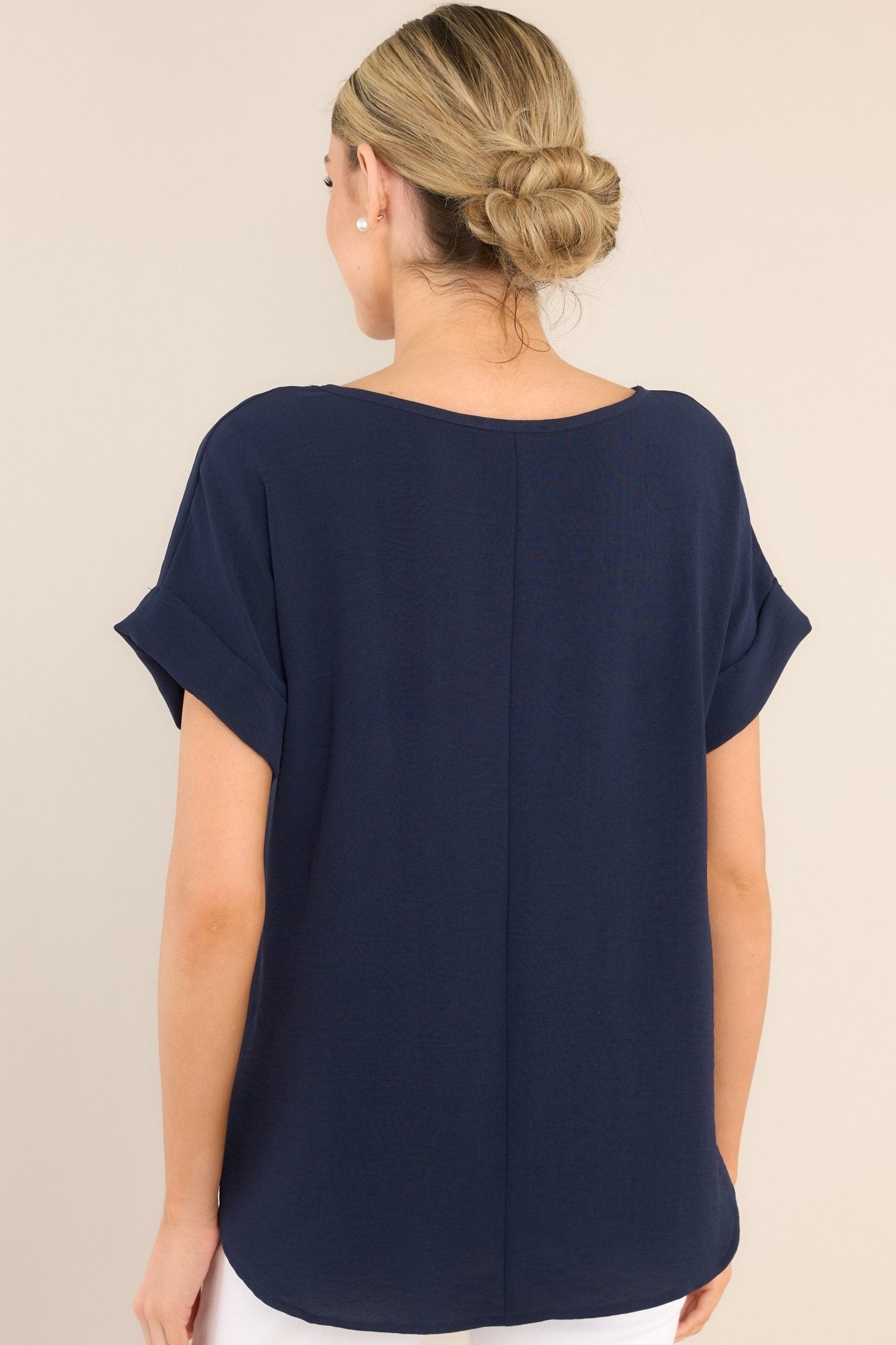 Navy Cuffed Short Sleeve Top - All Tops | Red Dress