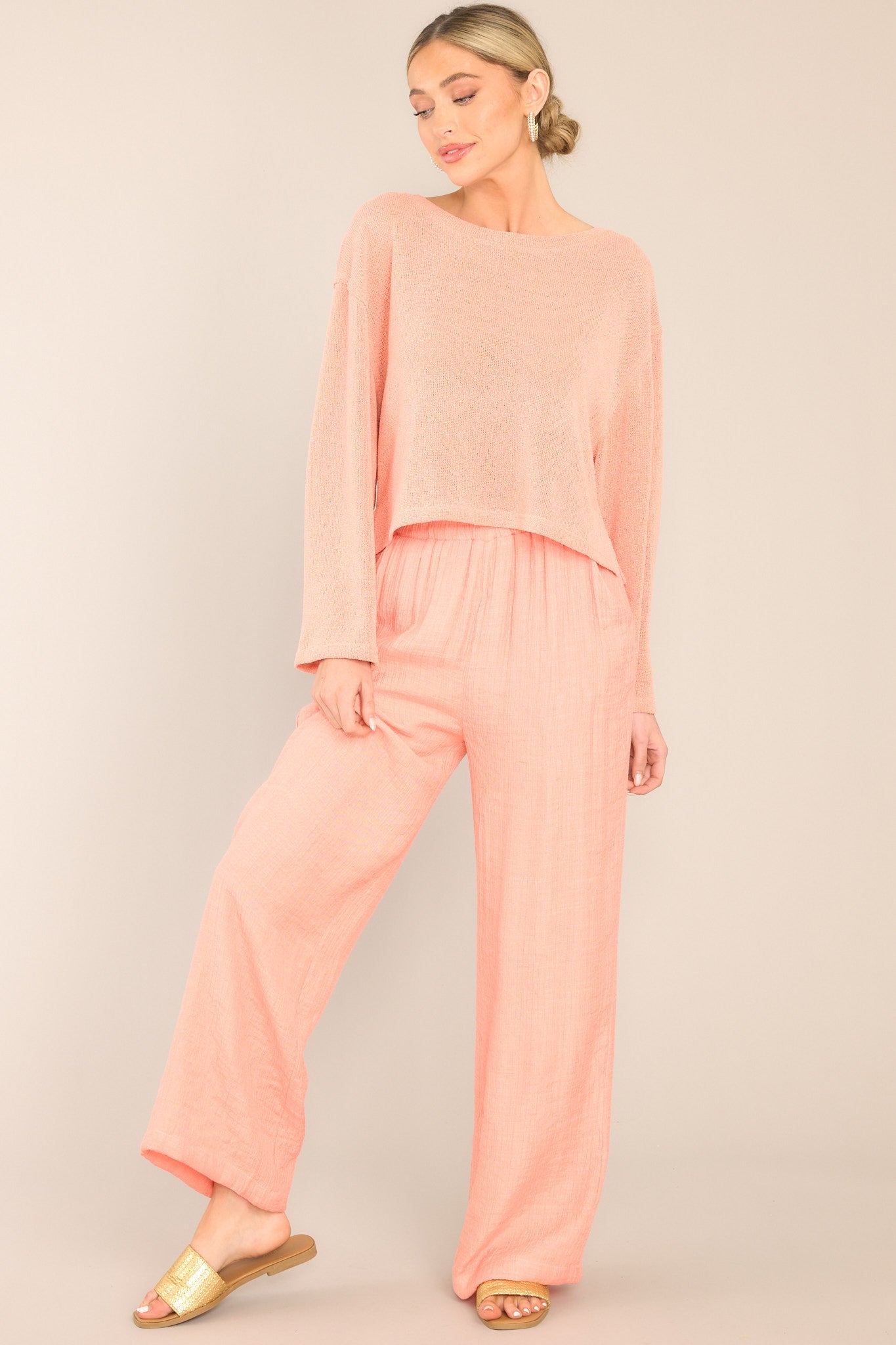 Long Sleeve Peach Knit Top - Casual Tops | Red Dress