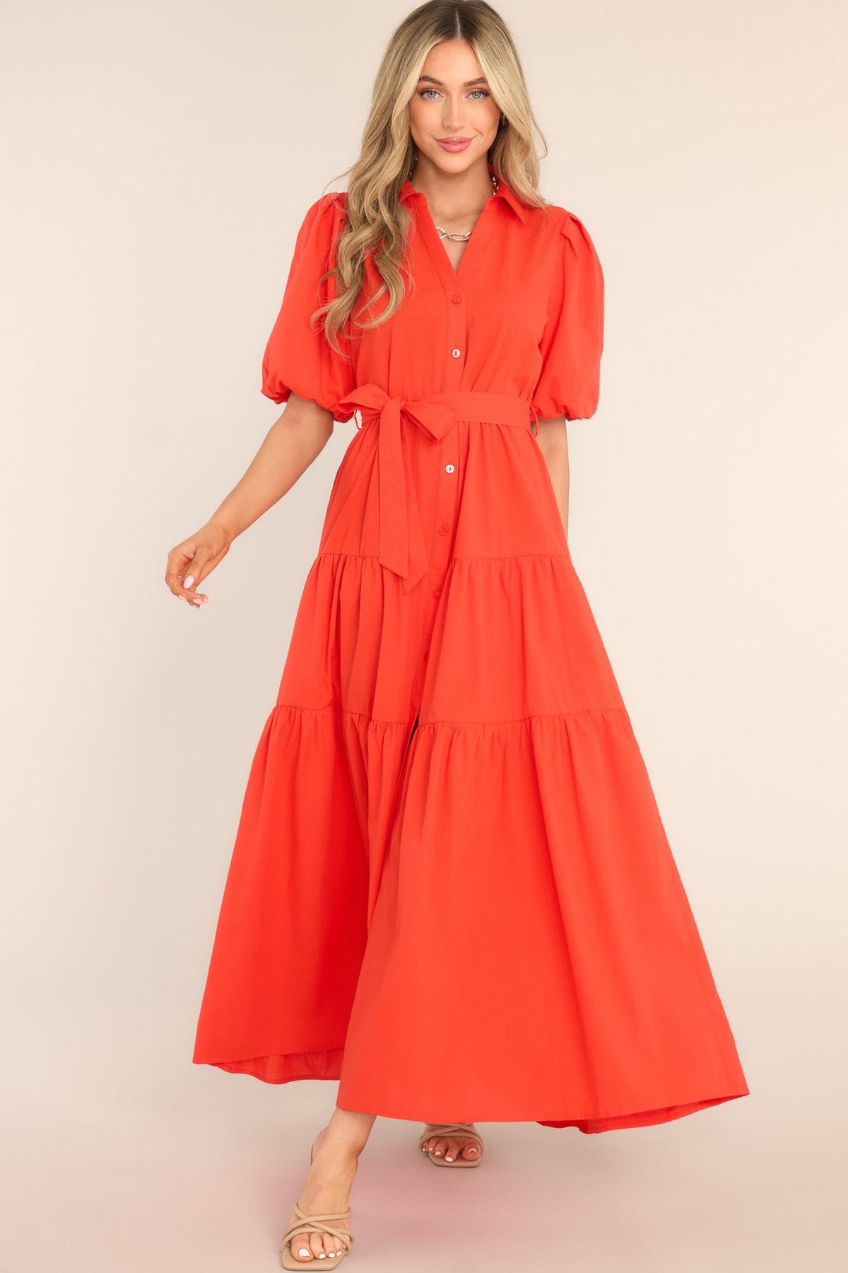 Red Button Front Puff Sleeve Maxi Dress - All Dresses | Red Dress