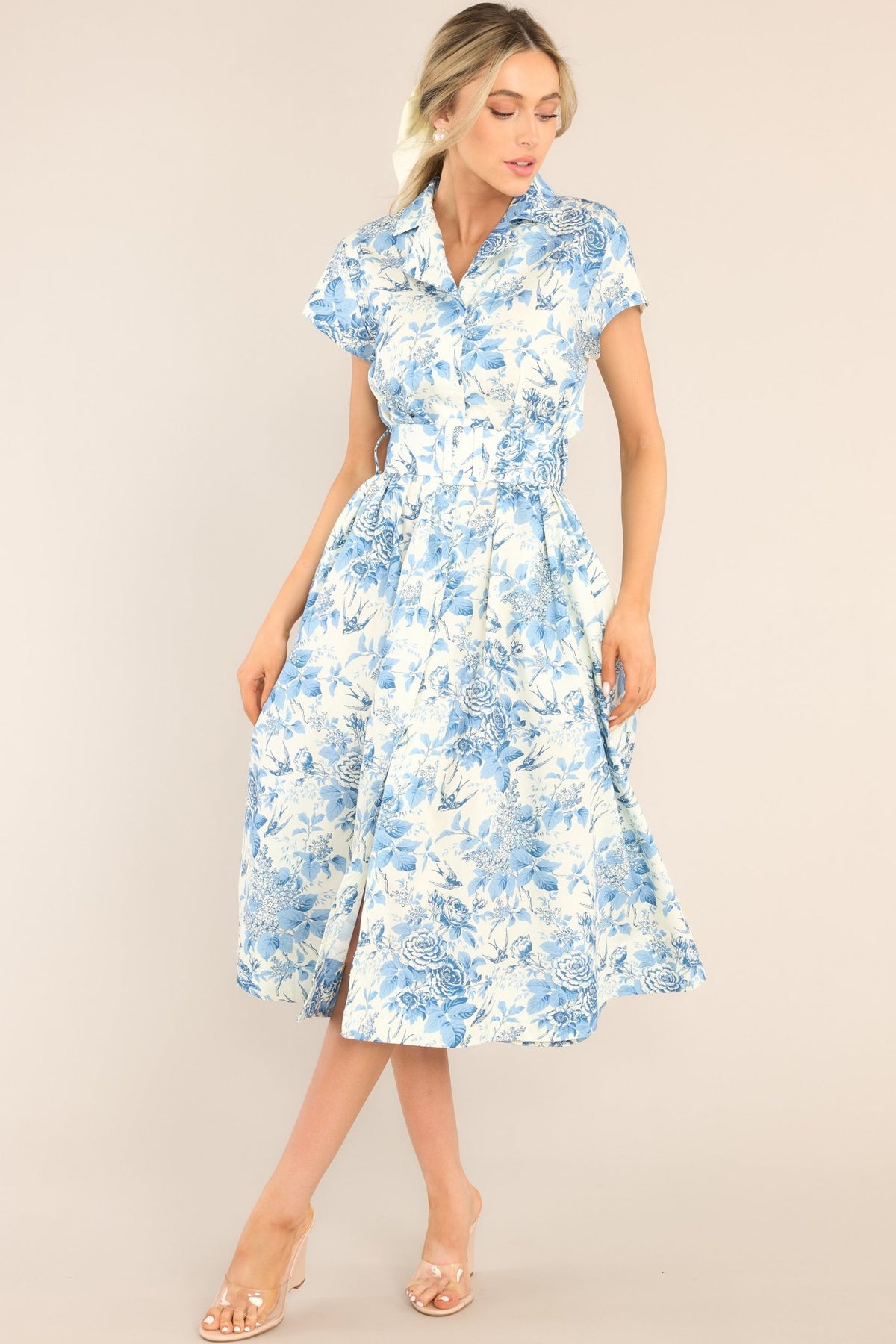 Floral Blue & White Midi Dress - All Dresses | Red Dress