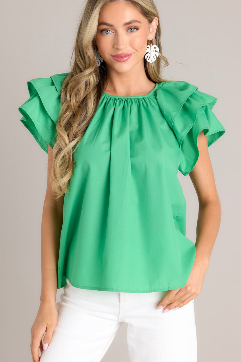 Green Ruffle Sleeve Top - All Tops | Red Dress