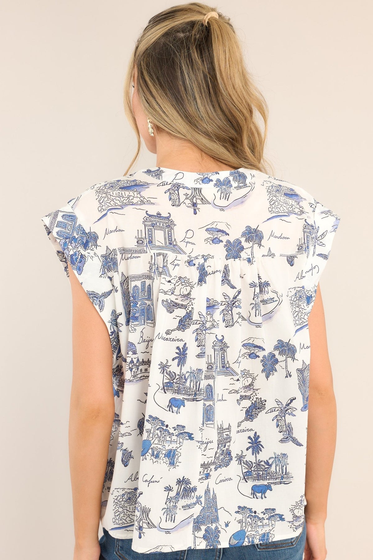 White & Blue Tropical Print Short Sleeve Top - All Tops | Red Dress