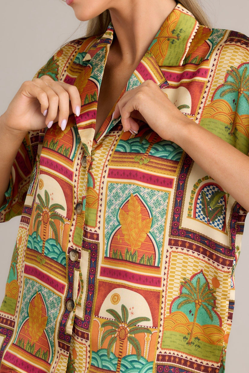 Tropical Print Mustard Top - All Tops | Red Dress