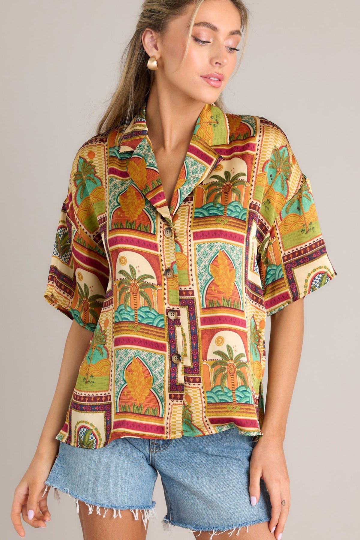 Tropical Print Mustard Top - All Tops | Red Dress