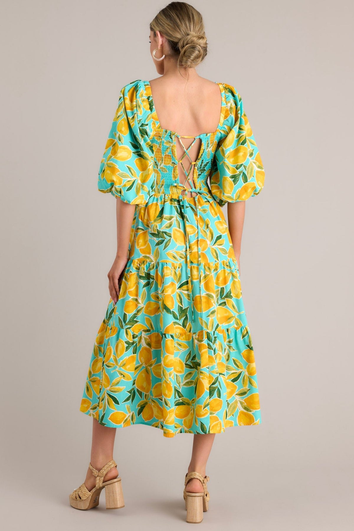 Lemon Print Aqua Puff Sleeve Midi Dress - All Dresses | Red Dress