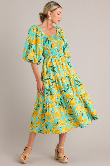 Lemon Print Aqua Puff Sleeve Midi Dress - All Dresses | Red Dress