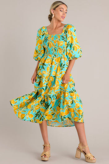 Lemon Print Aqua Puff Sleeve Midi Dress - All Dresses | Red Dress