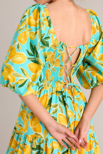 Lemon Print Aqua Puff Sleeve Midi Dress - All Dresses | Red Dress