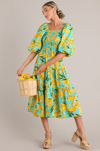Lemon Print Aqua Puff Sleeve Midi Dress - All Dresses | Red Dress