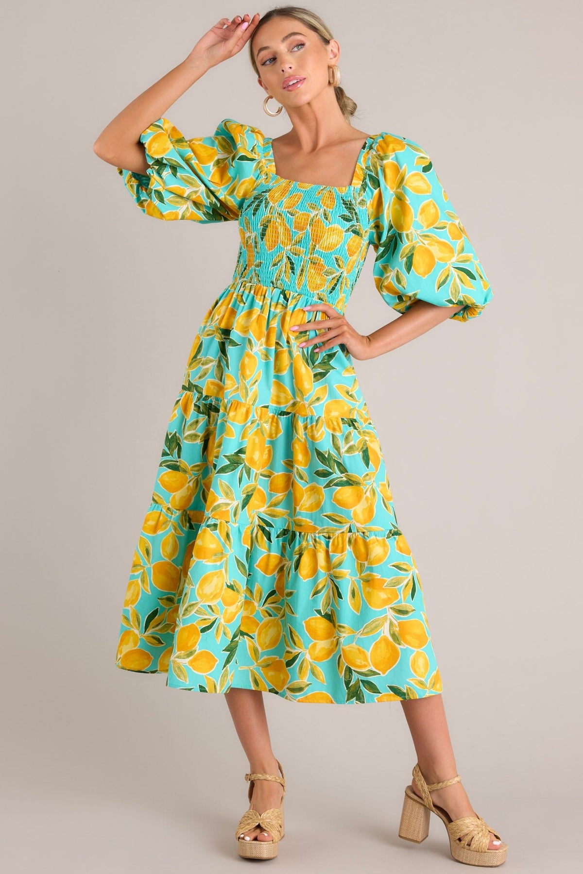 Lemon Print Aqua Puff Sleeve Midi Dress - All Dresses | Red Dress