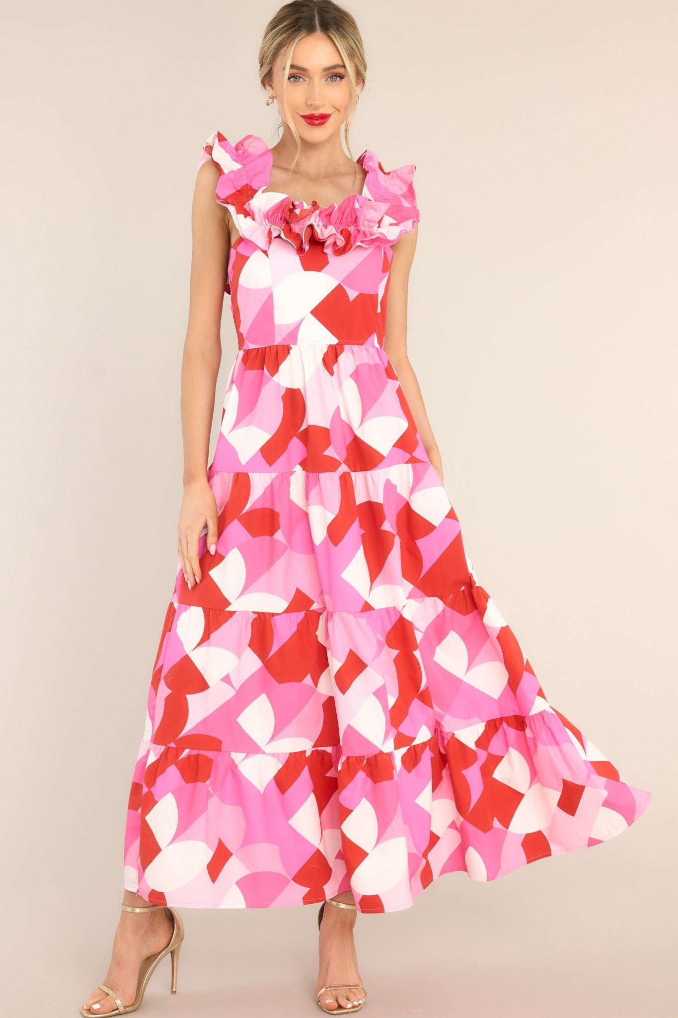 Pink & Red Geometric Heart Midi Dress -All Dresses | Red Dress