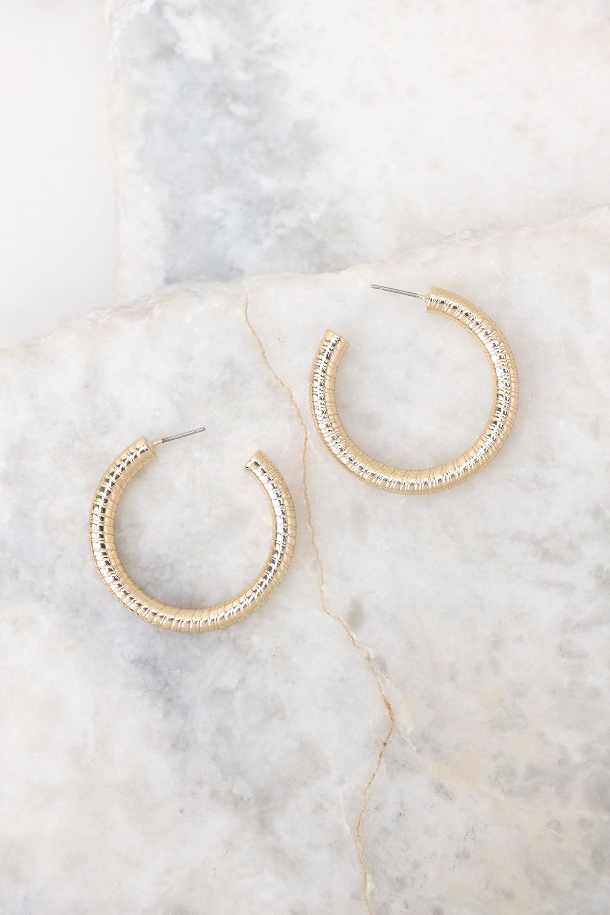 Classy Gold Textured Hoop Earrings - All Jewelry | Red Dress