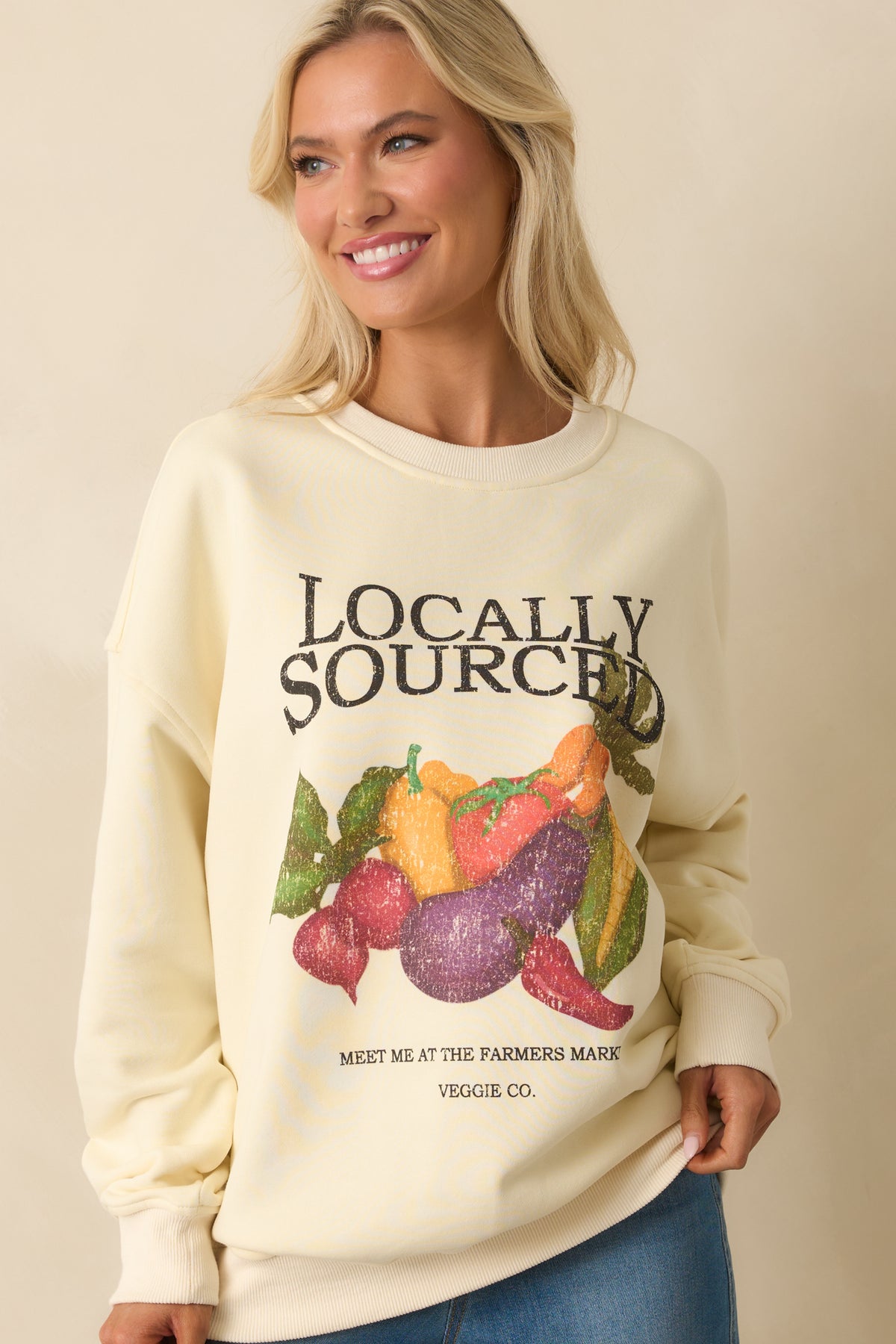 Ivory Cotton Graphic Crewneck Sweatshirt - All Tops | Red Dress