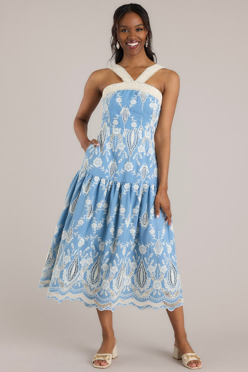 Ash Blue Floral Embroidered Midi Dress - All Dresses | Red Dress