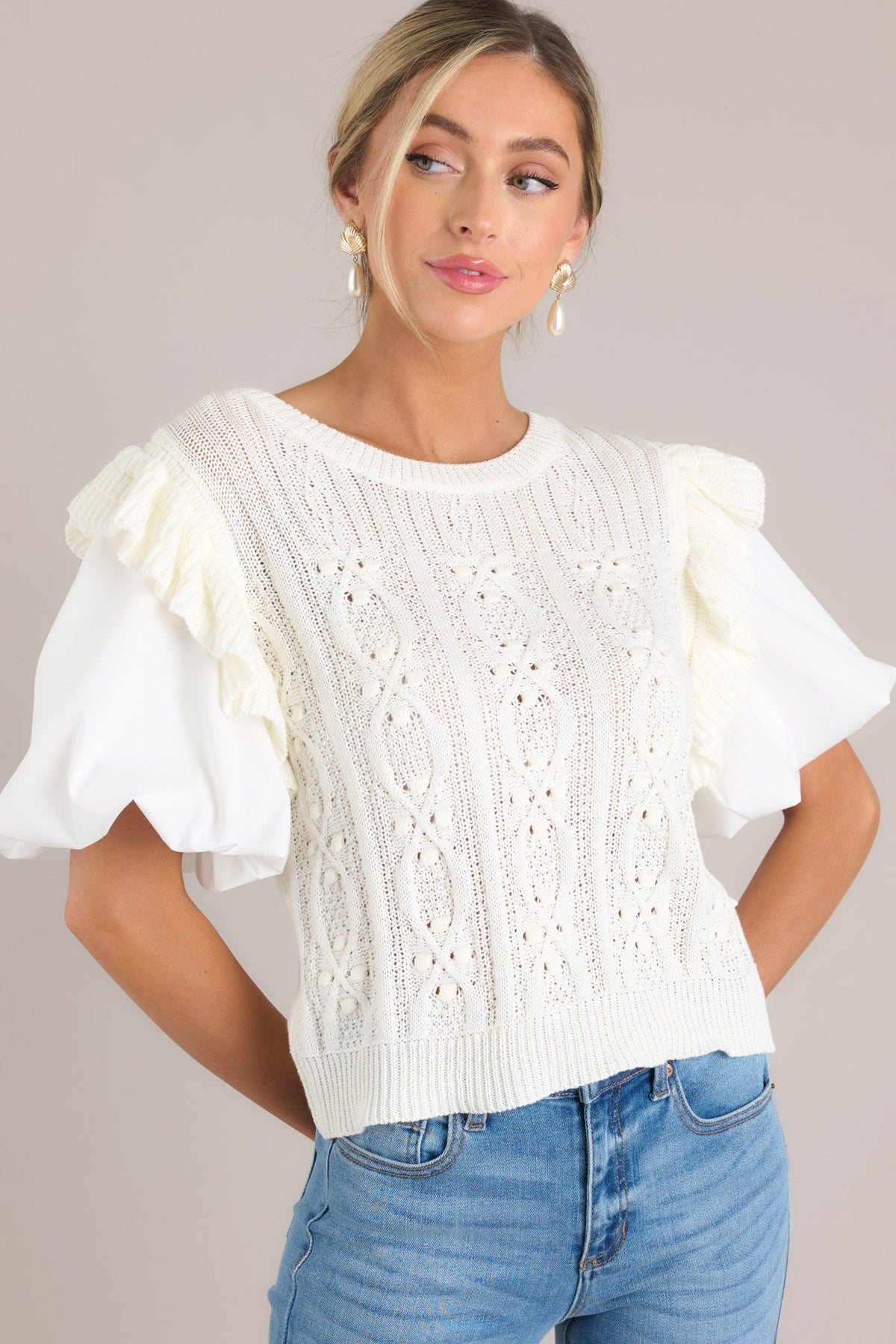 Ivory Short Sleeve Knit Top - All Tops | Red Dress