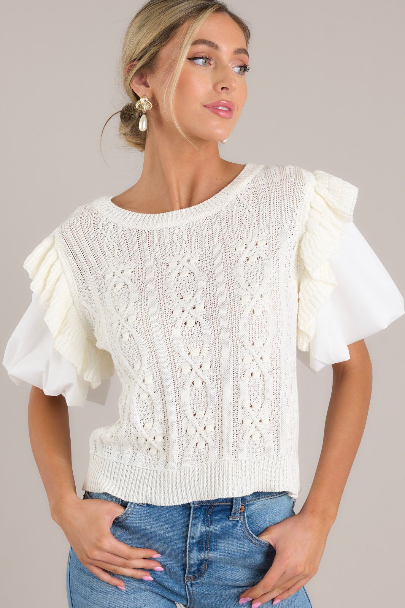 Ivory Short Sleeve Knit Top - All Tops | Red Dress
