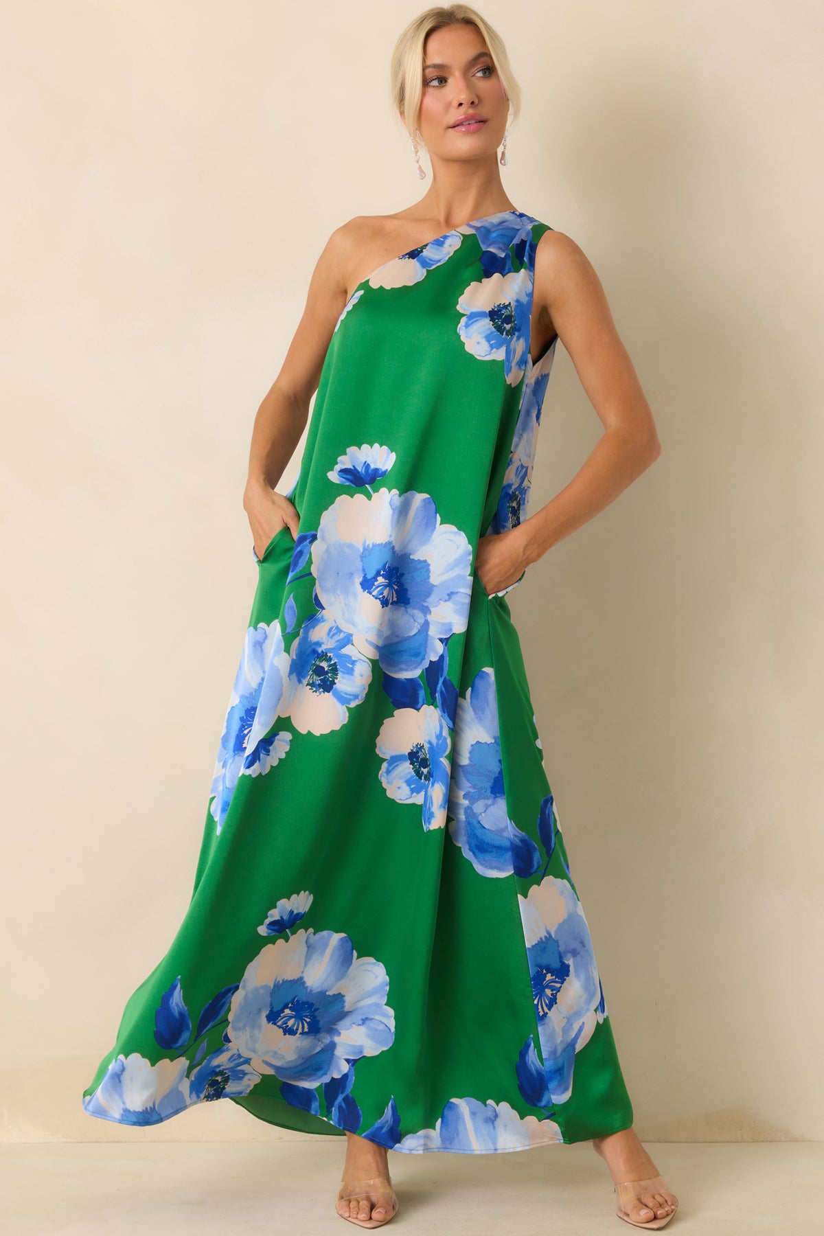 Green Floral Print One Shoulder Dress - Maxi Dresses | Red Dress