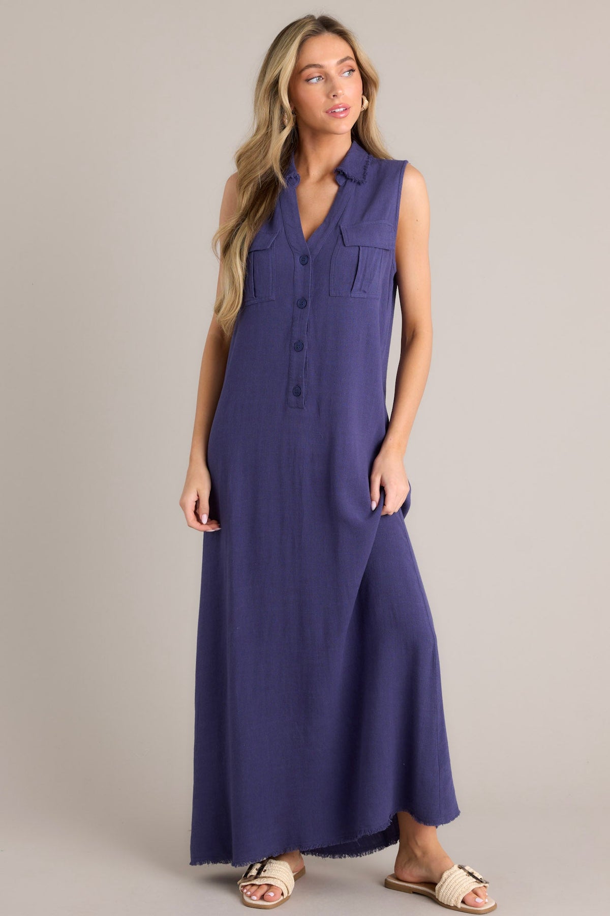 Navy Blue Collared Sleeveless Maxi Dress - All Dresses | Red Dress