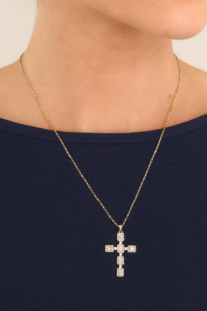 Gold Rhinestone Cross Necklace - All Necklaces | Red Dress