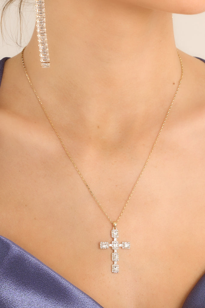 Gold Rhinestone Cross Necklace - All Necklaces | Red Dress