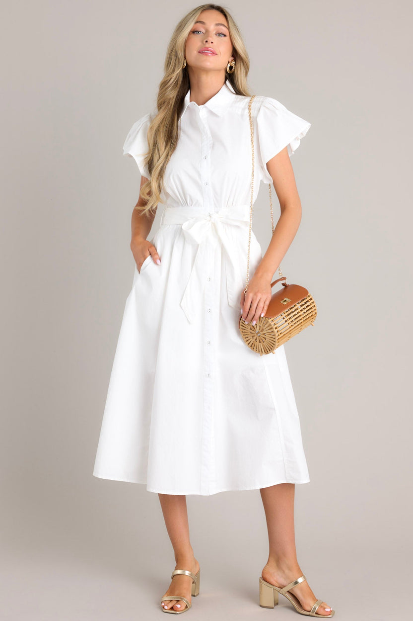 White Button Up Midi Shirt Dress - All Dresses | Red Dress